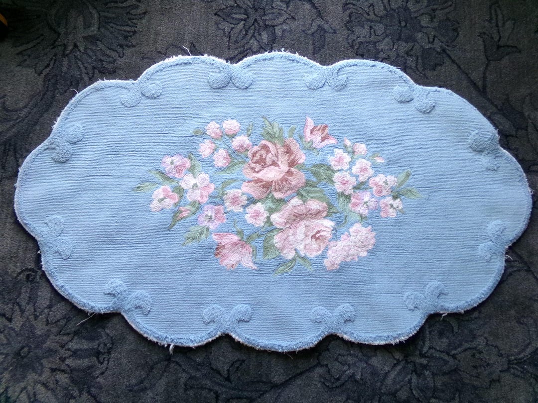 Vintage Cottagecore Chenille Rug, Gorgeous Rose Florals on Dreamy Blue ...