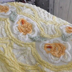 Cabbage Rose Vintage Chenille Bedspread, Plush Yellow Roses Lattice ...