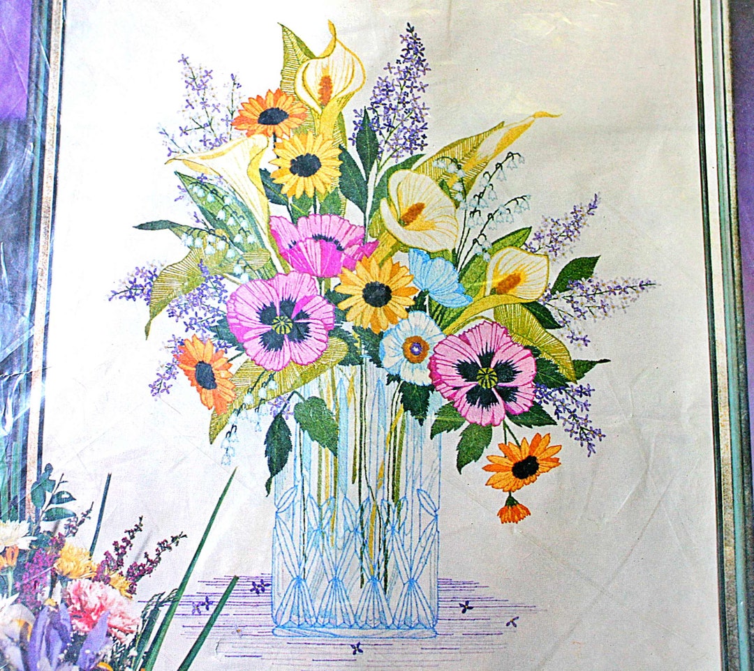 CRYSTAL BOUQUET Vintage Paragon Needlecraft CREWEL Embroidery Stitchery ...