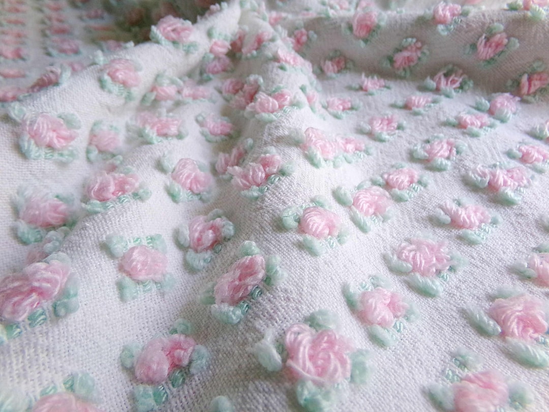 Mini Pink Rosebud Vintage Chenille Fabric, 18" X 20" Inch Piece, 100% ...