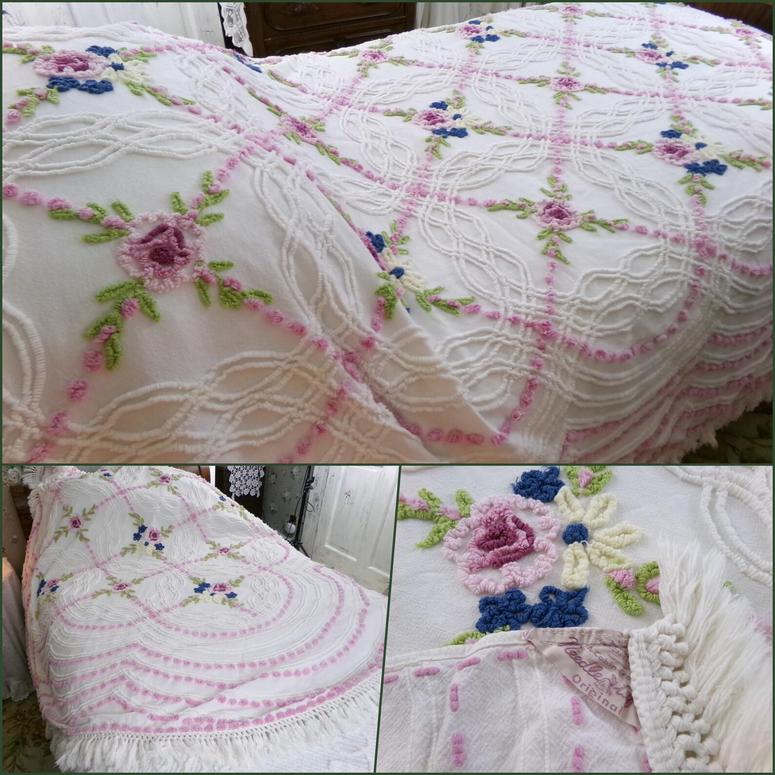 Vintage Country Cottage Style Chenille Bedspread, Creamy White Floral ...