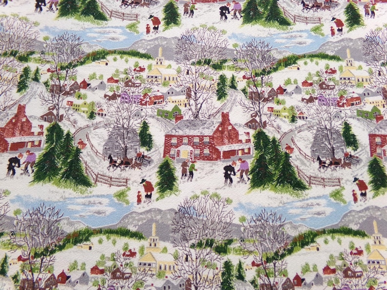 Grandma Moses DEEP SNOW Vintage Barkcloth Fabric, Folk Art Winter Scene ...