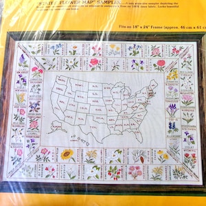 STATES' FLOWER MAP Sampler, Vintage Paragon Crewel Embroidery Kit 0449 ...