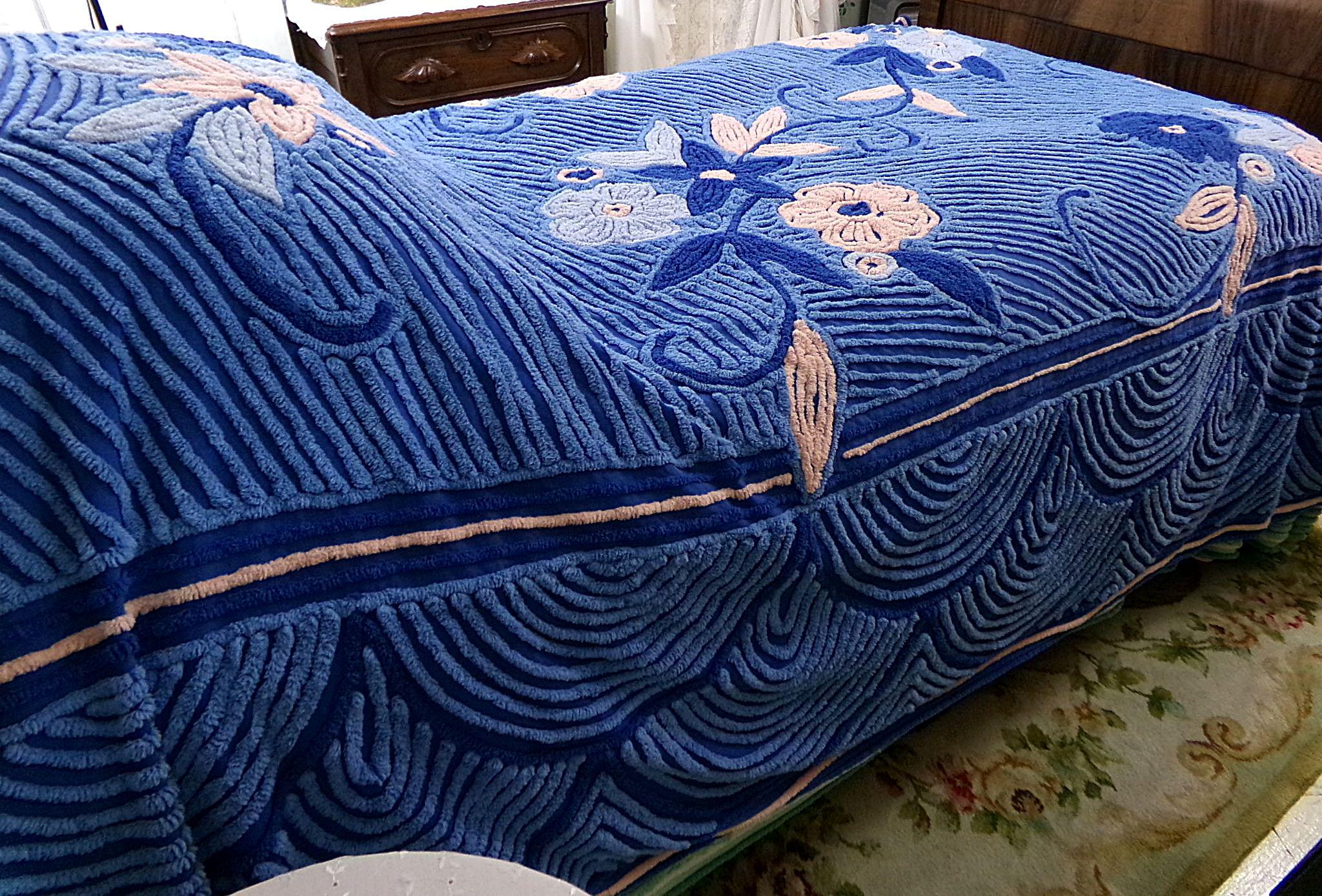 Floral Vintage Chenille Bedspread, Stunning Galactic Blue W/ Large ...