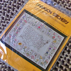 STATES' FLOWER MAP Sampler, Vintage Paragon Crewel Embroidery Kit 0449 ...