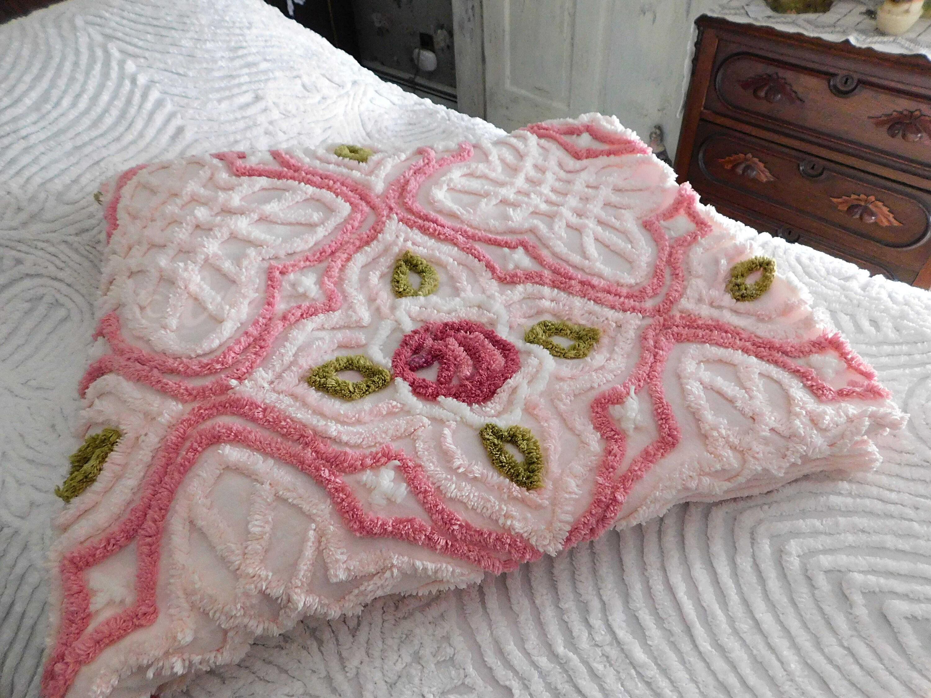 Fluffy Pink Rose Vintage Chenille Bedspread in a Luxury Boxed, Fitted ...