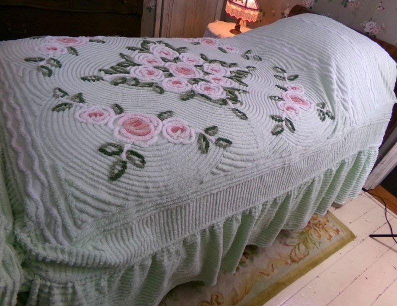 Luxury Vintage Chenille Bedspread, Tufted Cottage Roses on Mint Green ...