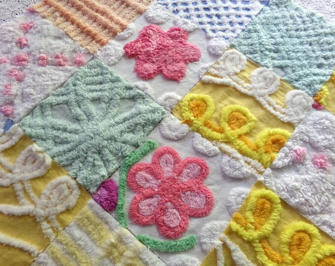 Cheery Cute Quilt Squares Set, From Vintage Chenille Bedspread Fabric ...