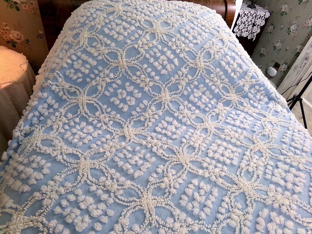 Beach Cottage Blue Vintage Chenille Bedspread, Shabby Tufted Geometric ...