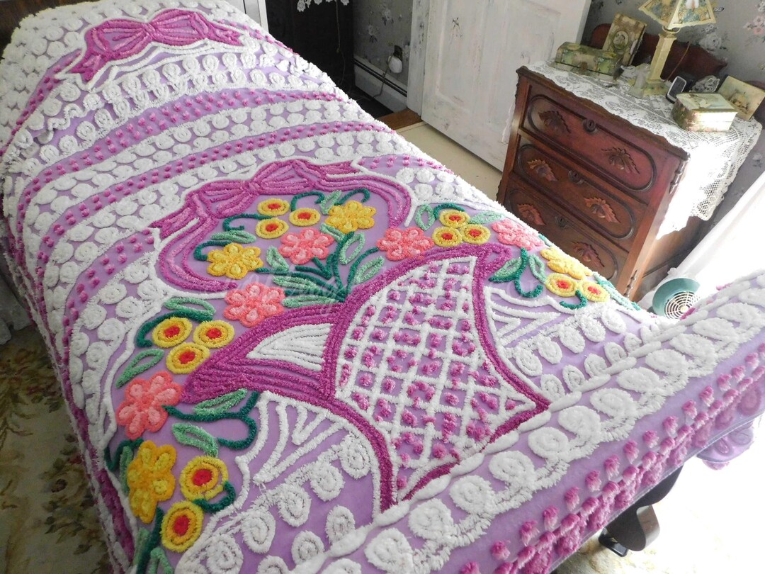 Vintage Chenille Bedspread, Rainbow Flowers in Swirls of Fluffy White ...