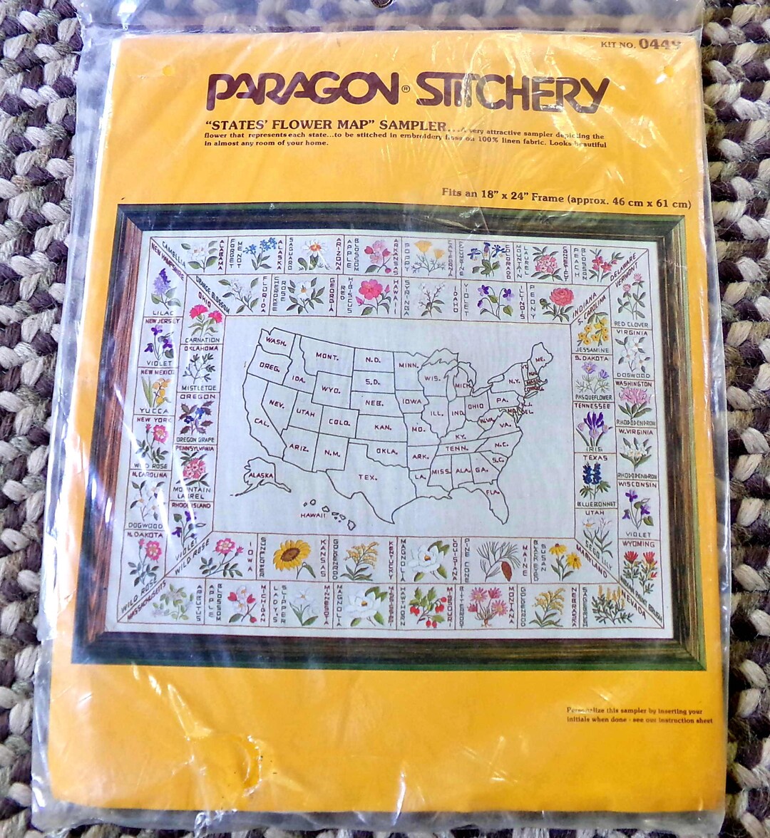 STATES' FLOWER MAP Sampler, Vintage Paragon Crewel Embroidery Kit 0449 ...