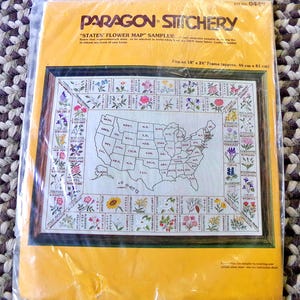STATES' FLOWER MAP Sampler, Vintage Paragon Crewel Embroidery Kit 0449 ...