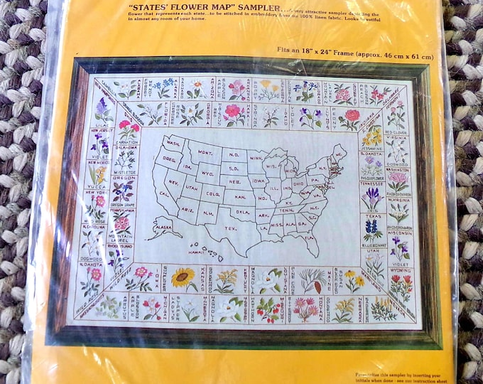 STATES' FLOWER MAP Sampler, Vintage Paragon Crewel Embroidery Kit 0449 ...