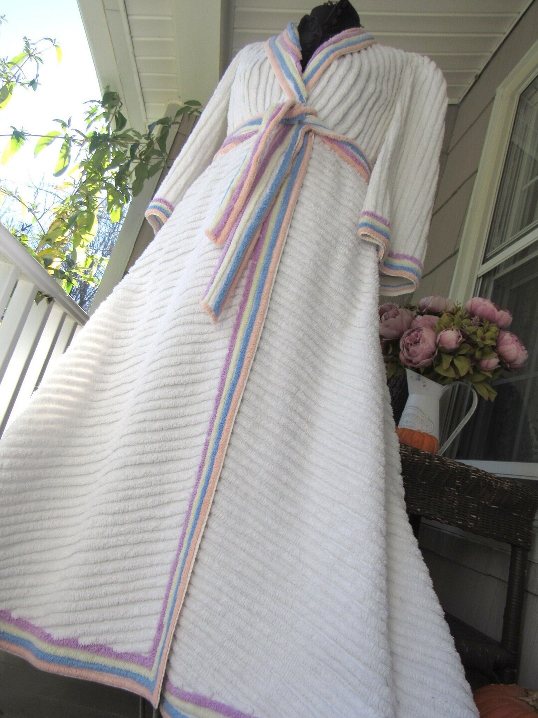 Heavenly White Vintage Chenille Robe Pastel Rainbow Accents - Etsy