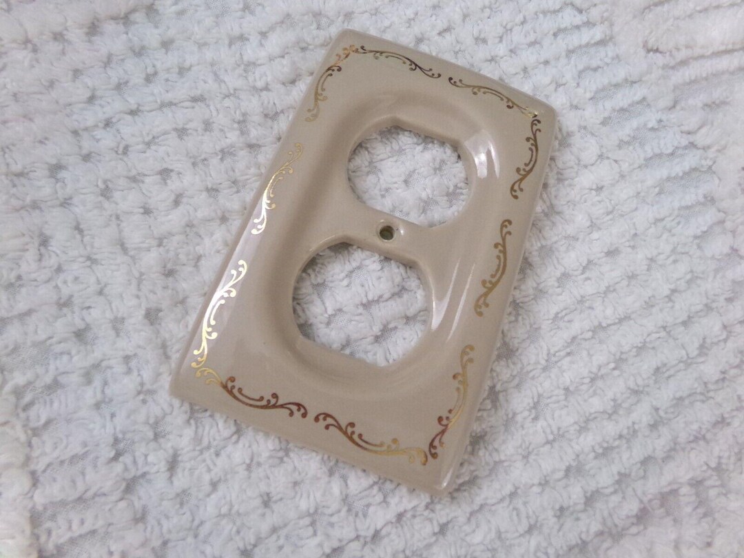 Vintage Wall Outlet Cover Porcelain Ceramic Shabby Beige Gold Filagree ...