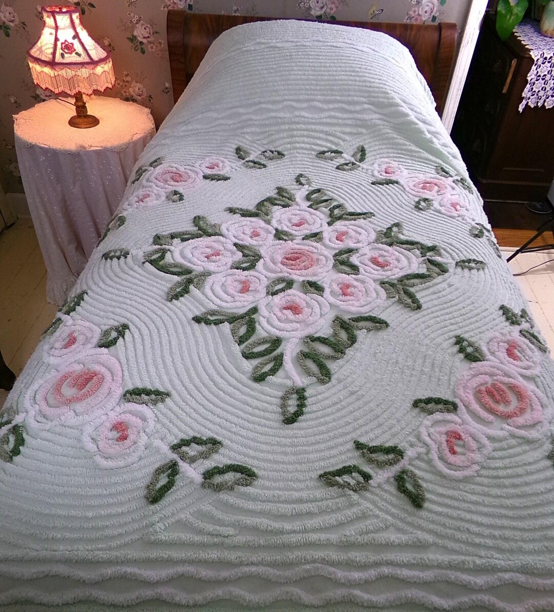 Luxury Vintage Chenille Bedspread, Tufted Cottage Roses on Mint Green ...