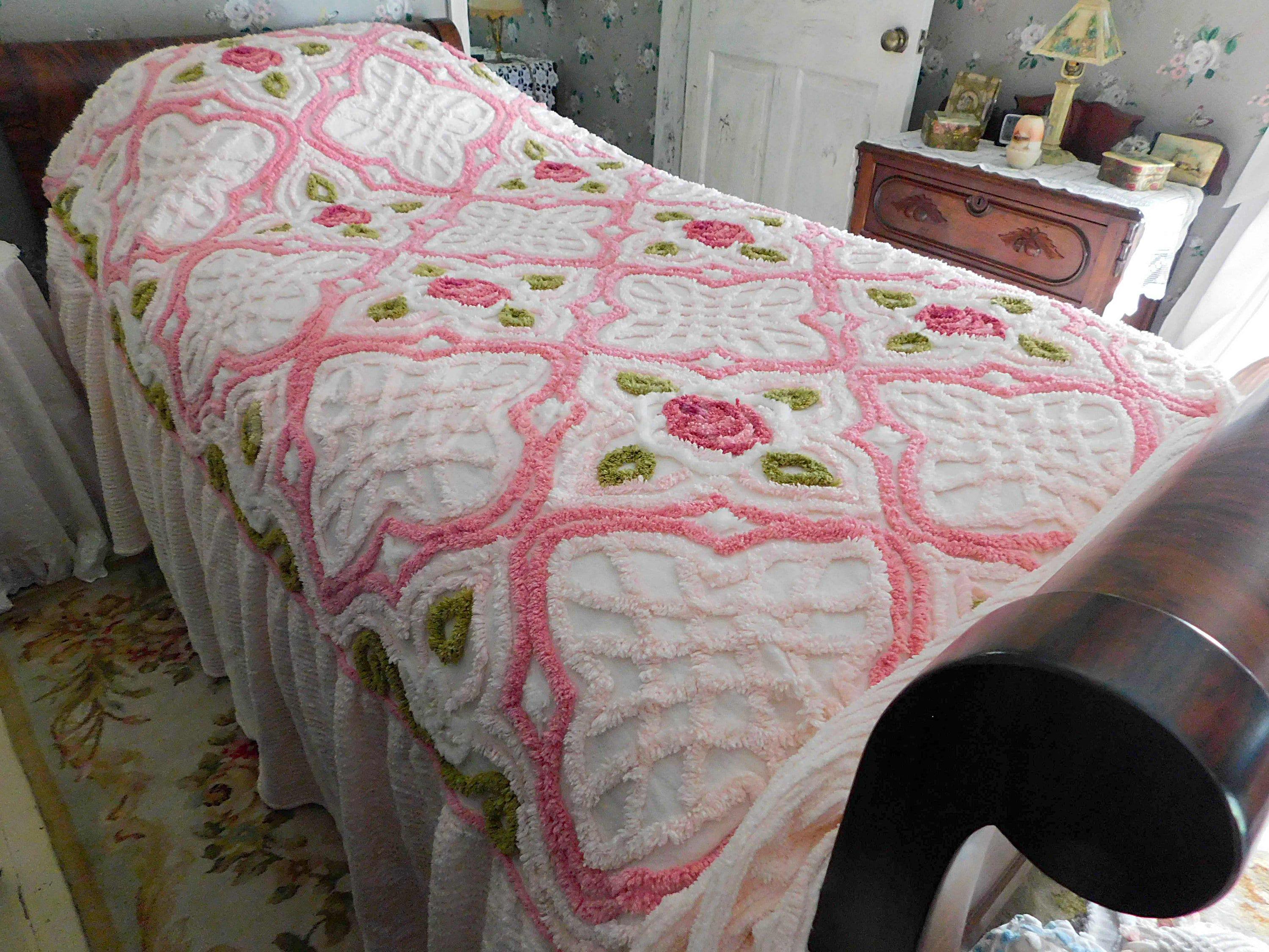 Fluffy Pink Rose Vintage Chenille Bedspread in a Luxury Boxed, Fitted ...
