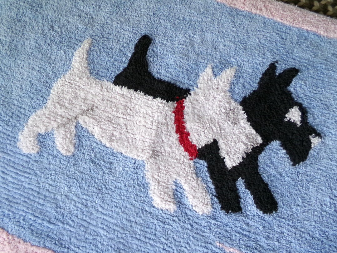 Vintage Blue Chenille Rug Scottie Dog Duo, Heavyweight Midcentury ...