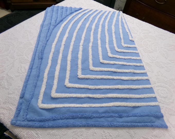 Vintage Chenille Bedspread Fabric, Blue & White Wave Design, 27" X 19 ...