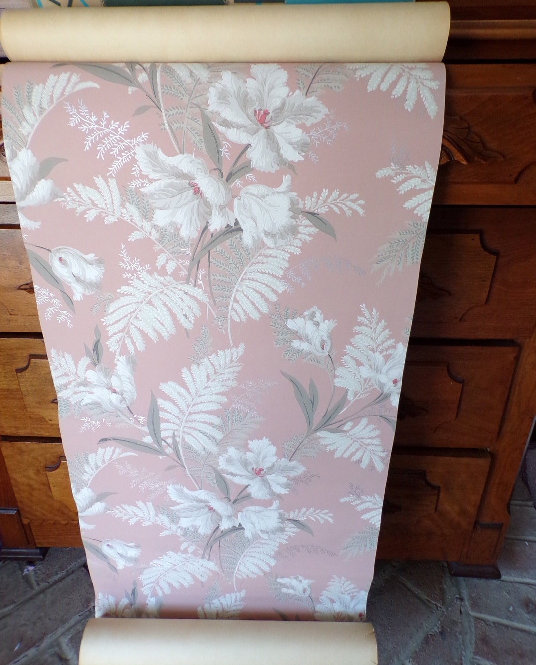 Gorgeous 1940s Vintage Wallpaper Roll Botanical Pink Shimmer Silver ...