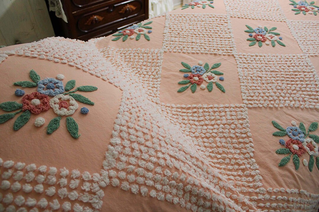 Cottagecore Chenille Bedspread, Vintage Peach Handmade Floral Pop ...