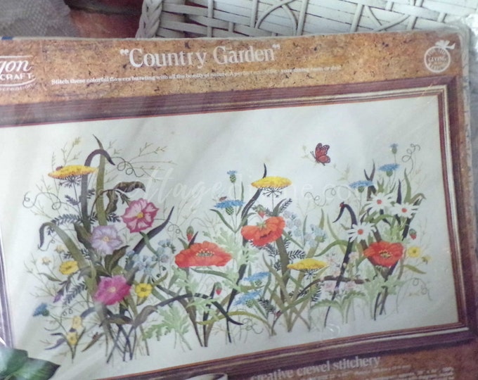 COUNTRY GARDEN Rare Crewel Stitchery Kit, Flower Power Meadow Scene ...