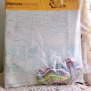 STATES' FLOWER MAP Sampler, Vintage Paragon Crewel Embroidery Kit 0449 ...