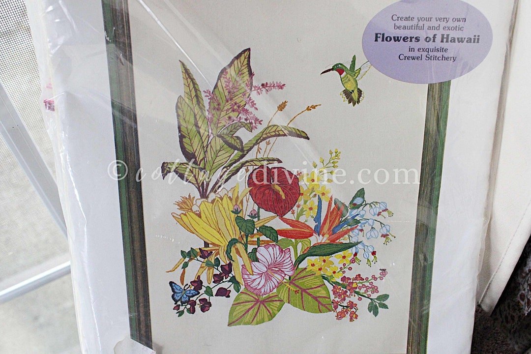 PARADISE FOUND Flowers of Hawaii Hummingbird Vintage Crewel Stitchery ...