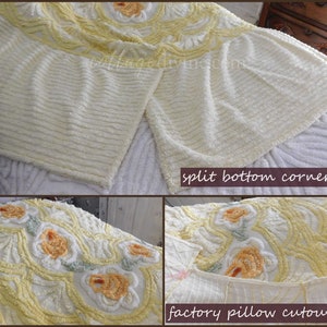 Cabbage Rose Vintage Chenille Bedspread, Plush Yellow Roses Lattice ...
