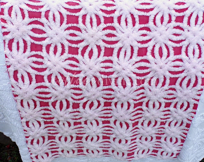Shabby Christmas Red Vintage Chenille Fabric, 18 X 19 Inch Piece, White ...