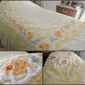 Cabbage Rose Vintage Chenille Bedspread, Plush Yellow Roses Lattice ...