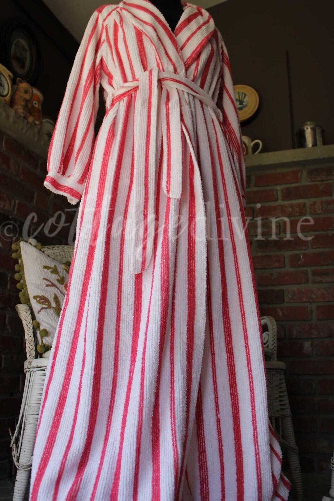Feminine Flattering Vintage Chenille Robe, Siren Red & White Stripes ...