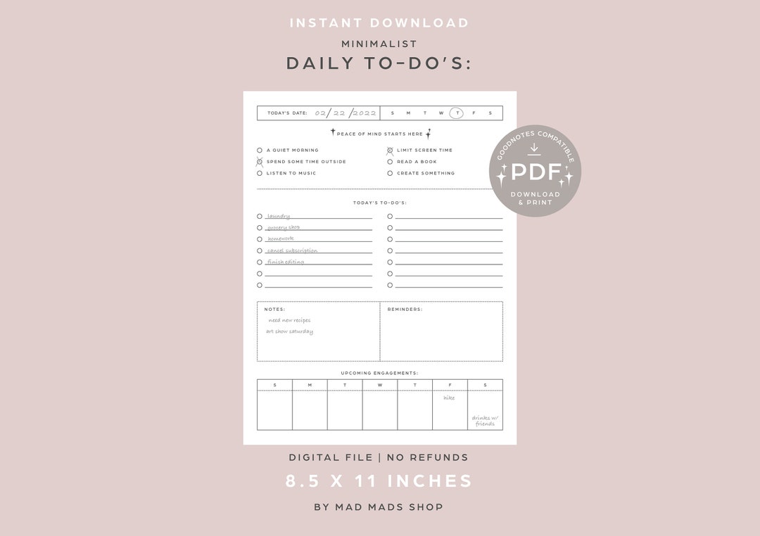 Minimalist Daily To-do List | Printable Digital Download | Daily ...