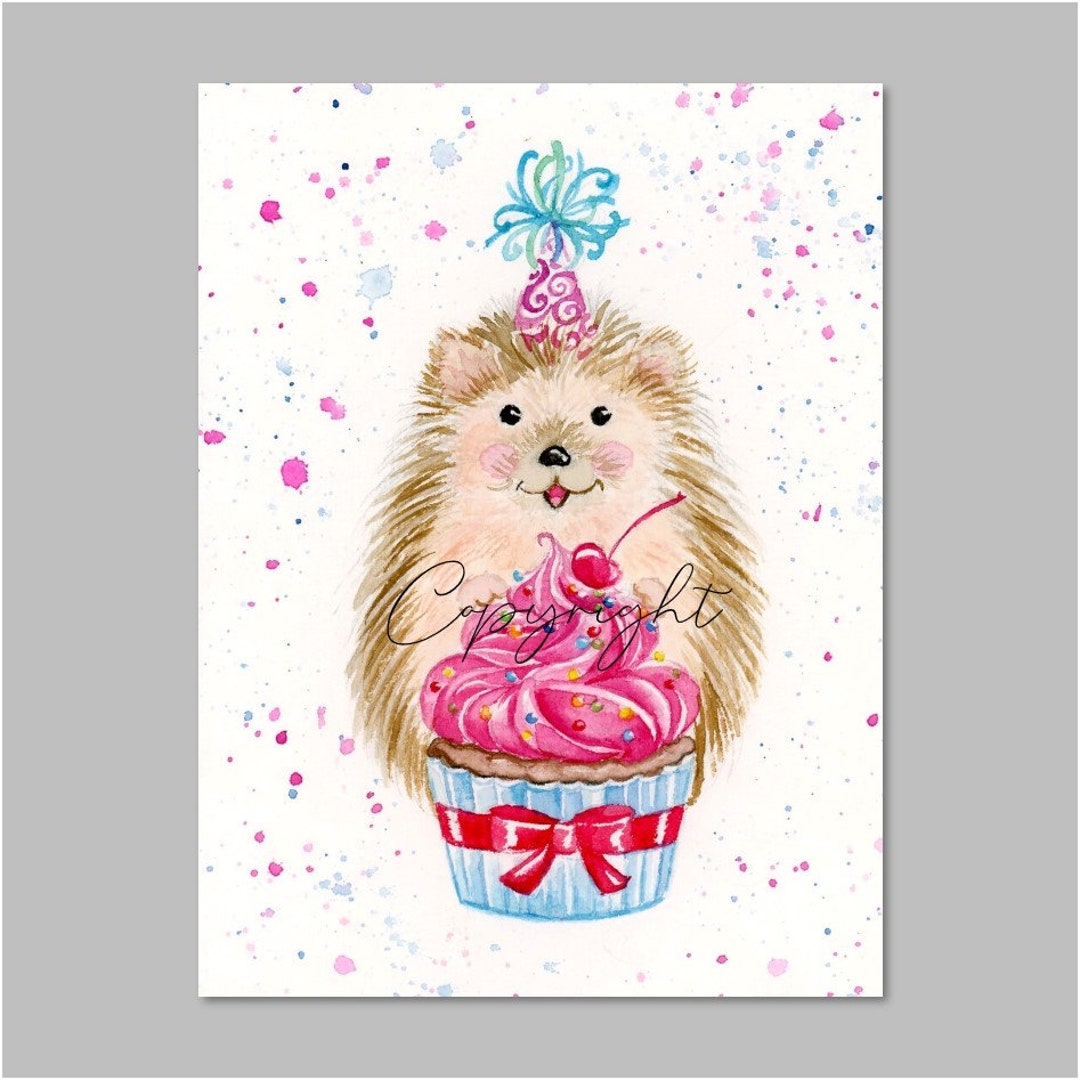 Sweet Hedgehog Birthday Card watercolor Print - Etsy