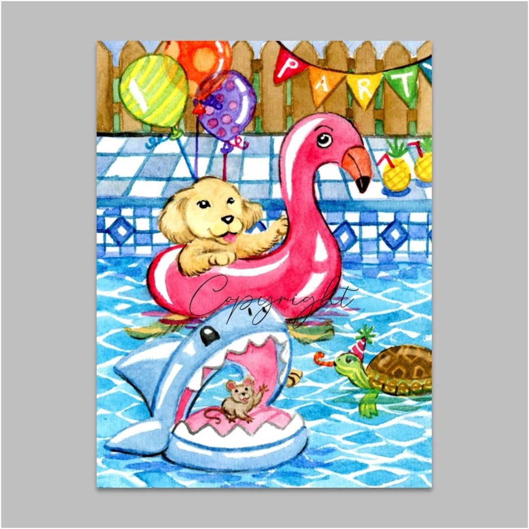 Animal Pool Party Birthday Card watercolor Print - Etsy