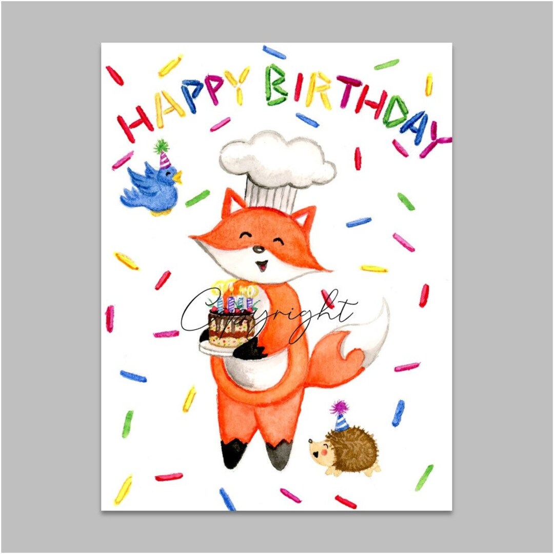 Little Fox Chef Birthday Card watercolor Print - Etsy