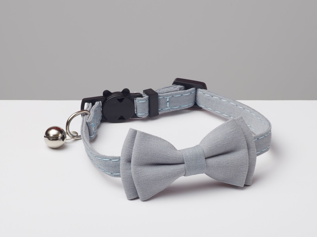 Grey Cat Collar With Bow Tie, Breakaway Quick Release Safety Buckle and ...