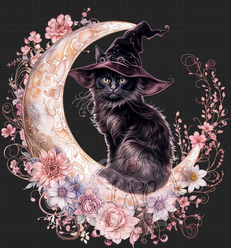 Mystical Black Cat on Crescent Moon PNG – Floral Witchy Cat Design for ...