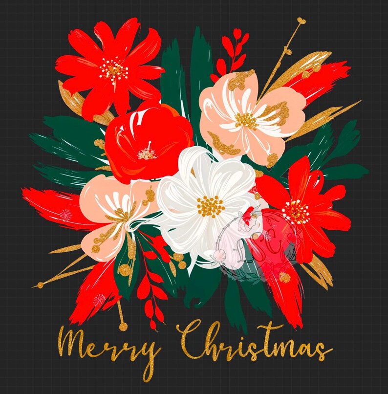 Merry Christmas Boho Floral Abstract Painting PNG | Festive Red Gold ...