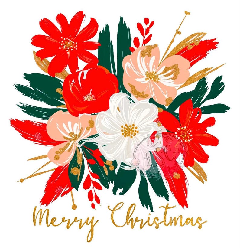 Merry Christmas Boho Floral Abstract Painting PNG | Festive Red Gold ...