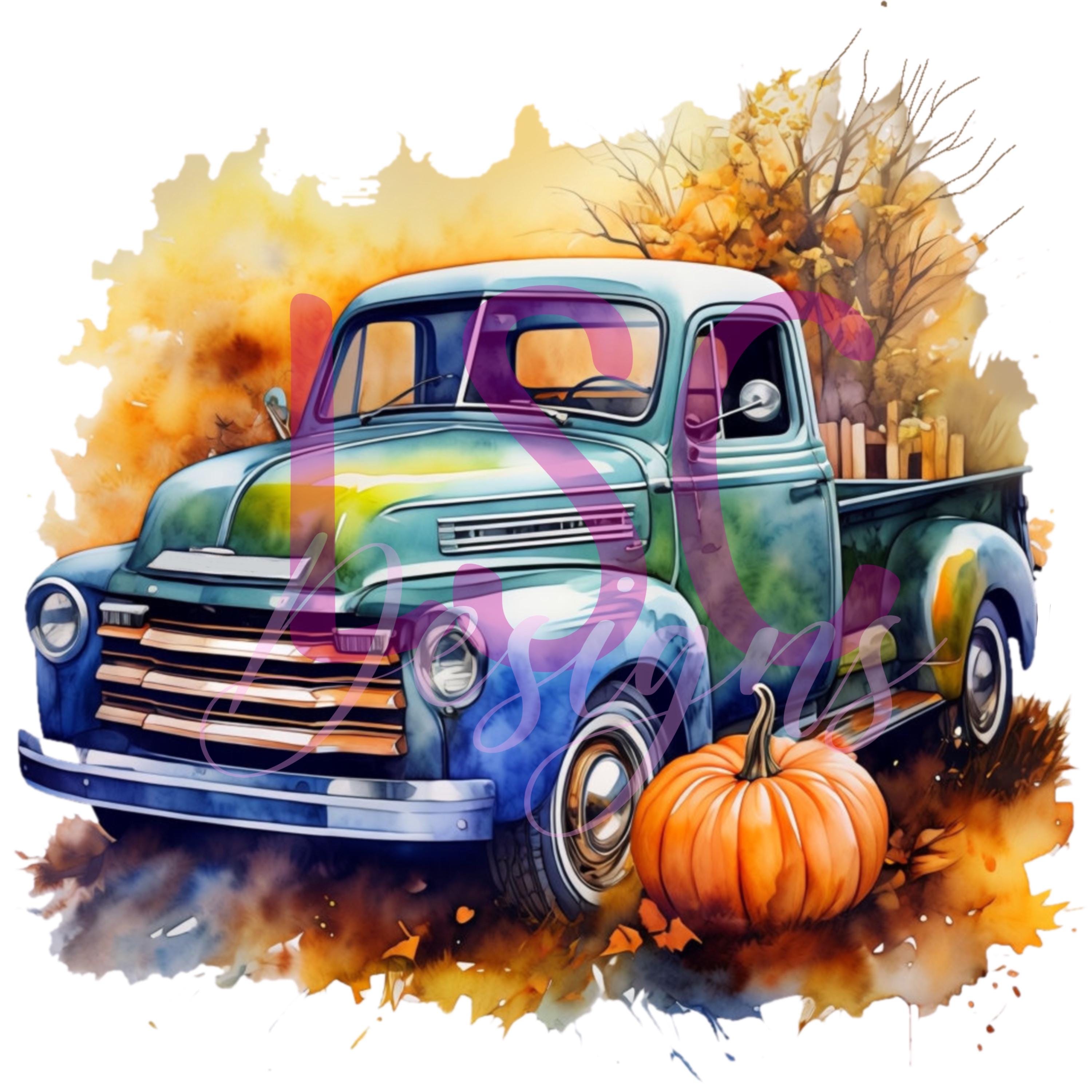Blue Truck With Pumpkins PNG | Hand-painted Watercolor Fall Clip Art ...