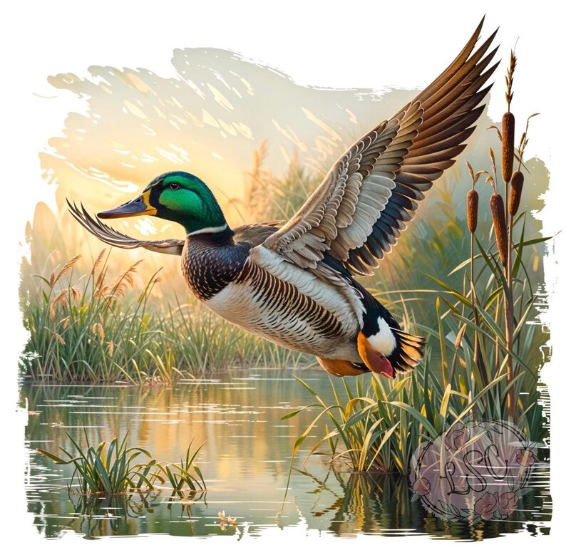 Vintage Mallard Duck in Marsh PNG Nature Sublimation Design Flying Duck ...
