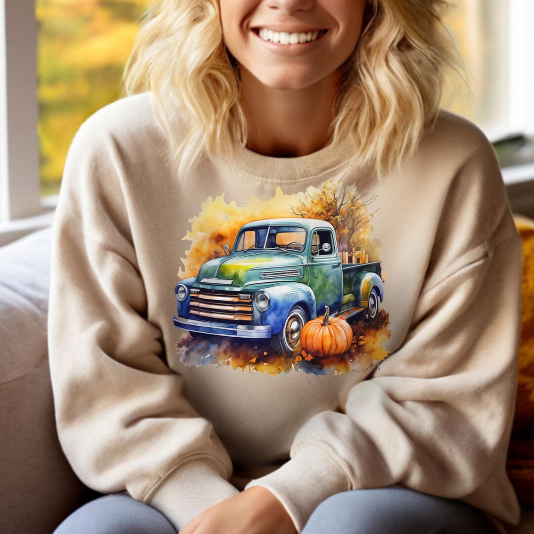 Blue Truck With Pumpkins PNG | Hand-painted Watercolor Fall Clip Art ...