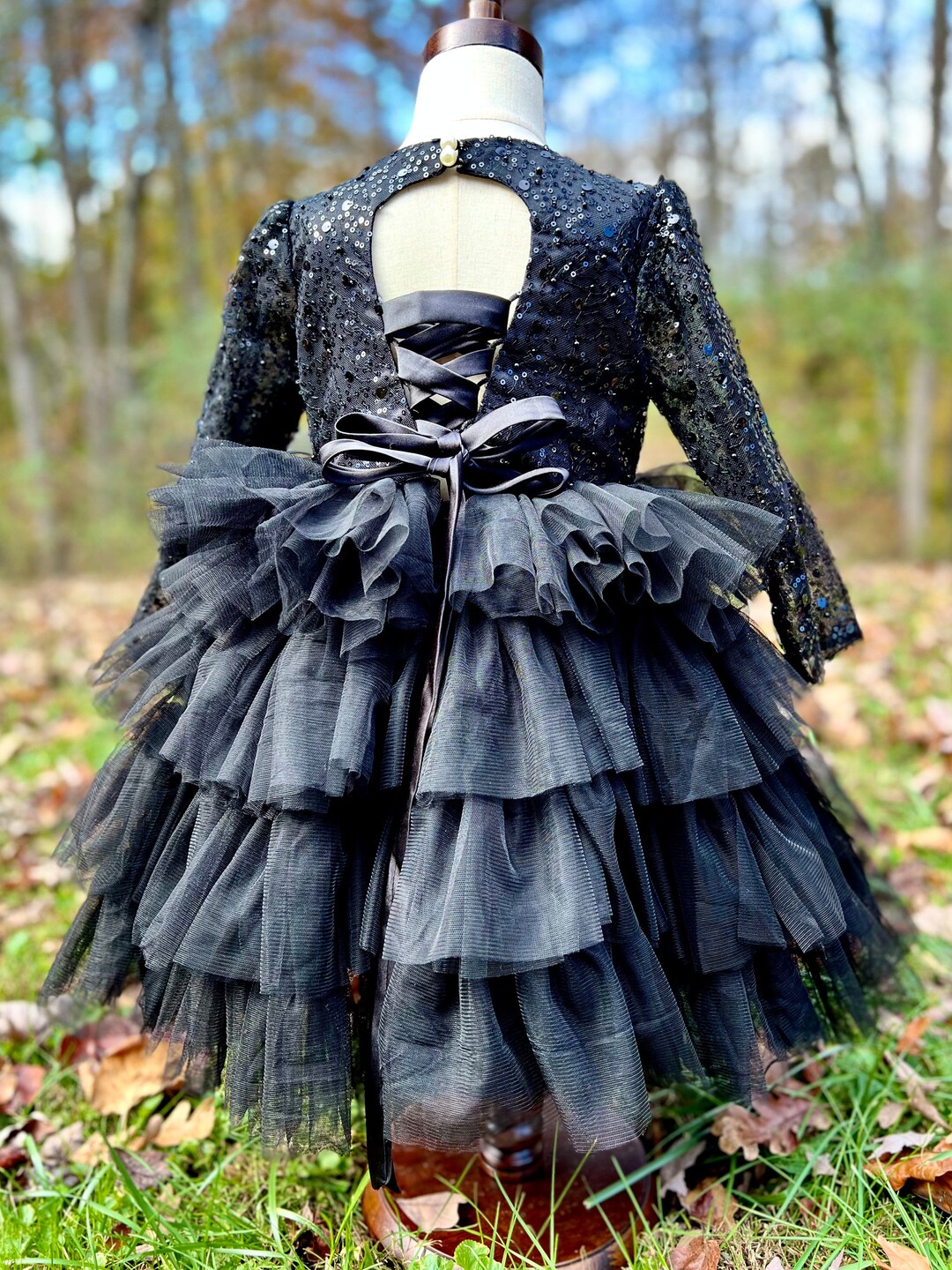 Black Tulle Layered Princess Dress: Lace Sleeves Corset Gown - Etsy