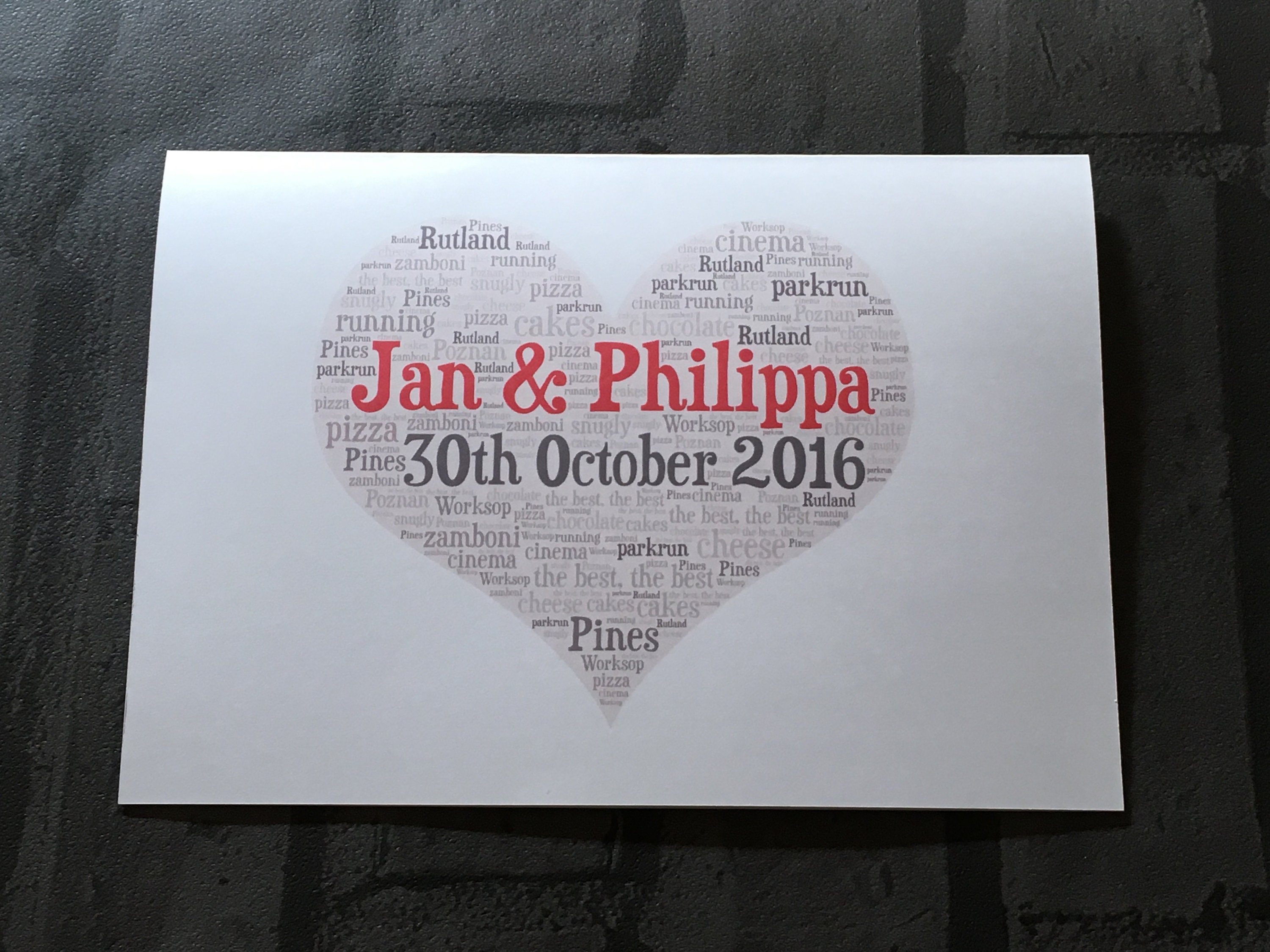 Heart Shape A5 Typography Word Art Personalised Card, Choice of Colour ...