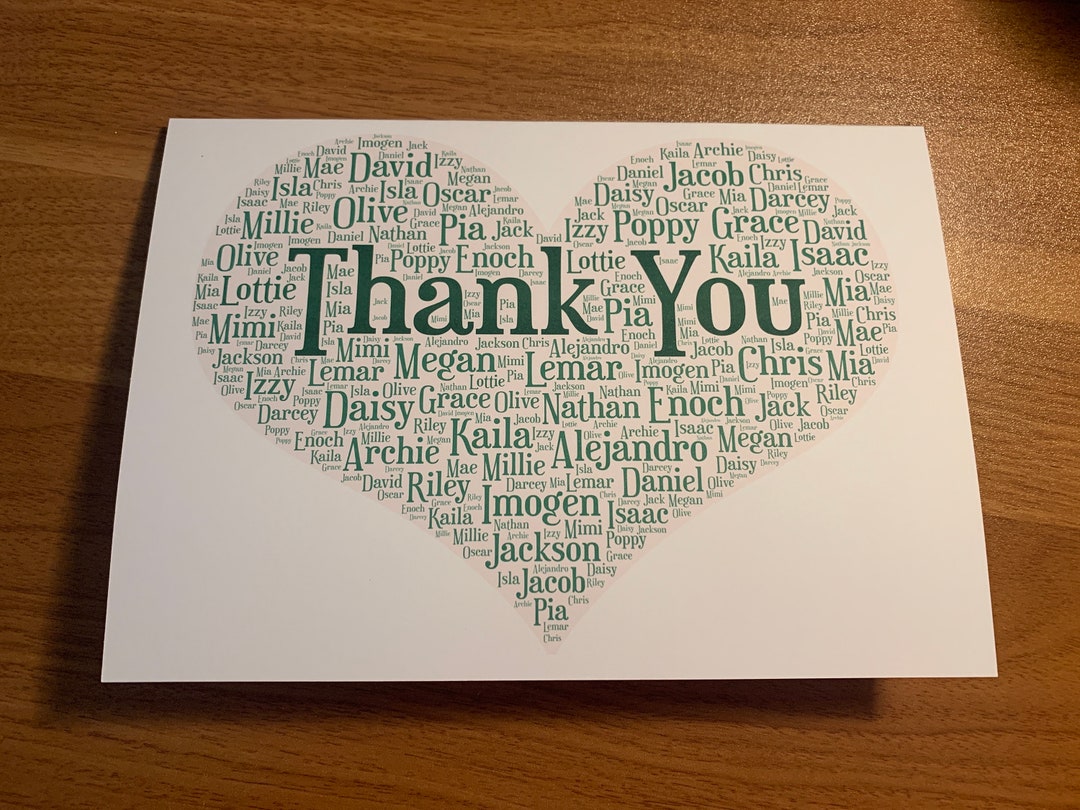 Heart Shape A4 Typography Word Art Personalised Card, Choice of Colour ...