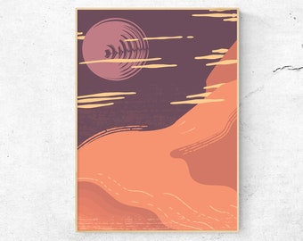 A Desert Sunset: A Woodblock Style Inspired Print, Desert Landscape ...