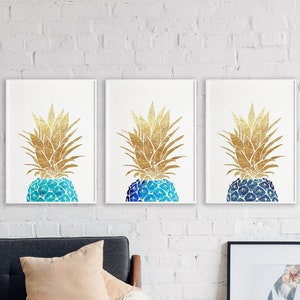 Pineapple Print Set of 3, Tropical Watercolor Painting, Kitchen Wall ...