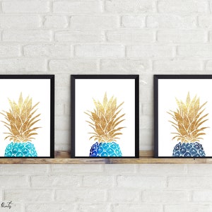 Pineapple Print Set of 3, Tropical Watercolor Painting, Kitchen Wall ...