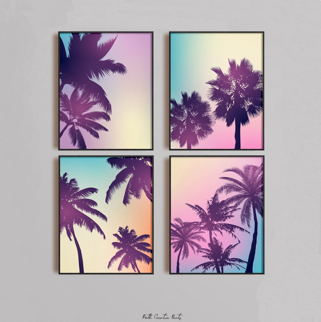 Set of 4 Palm Tree Prints, Palm Tree Printable Wall Art, Bright Palm ...